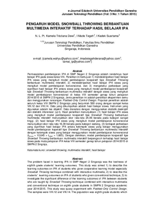 (PDF) Pengaruh Model Snowball Throwing Berbantuan Multimedia Interaktif Terhadap Hasil Belajar Ipa