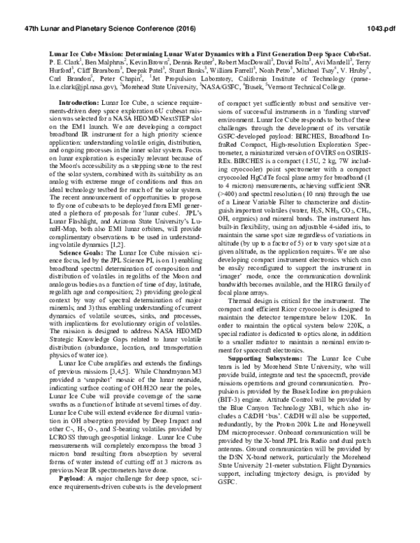 (PDF) Lunar Ice Cube Mission: Determining Lunar Water Dynamics with a ...