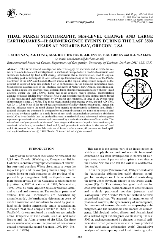 (PDF) Tidal marsh stratigraphy, sea-level change and large earthquakes ...