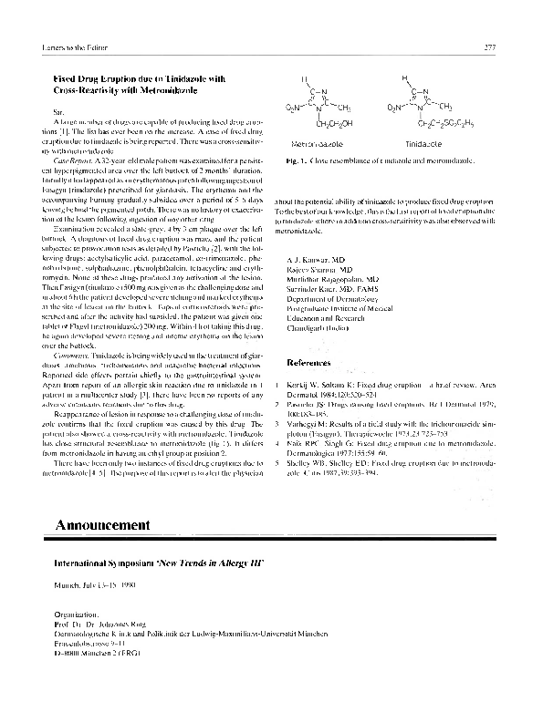 (PDF) Fixed Drug Eruption due to Tinidazole with Cross-Reactivity with ...