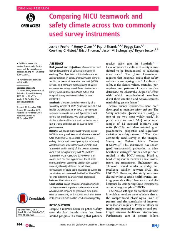 (PDF) Comparing NICU teamwork and safety climate across two commonly ...
