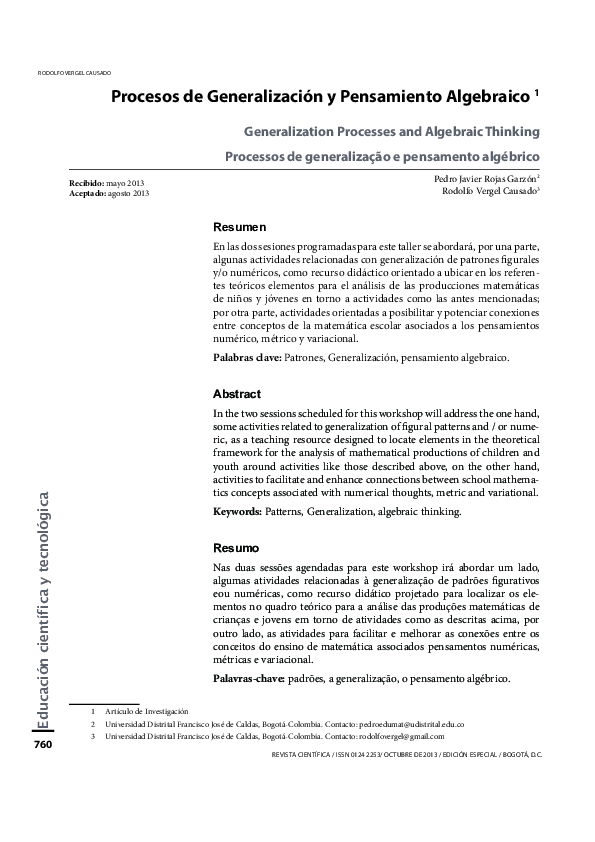 (PDF) Procesos de generalización y pensamiento algebraico