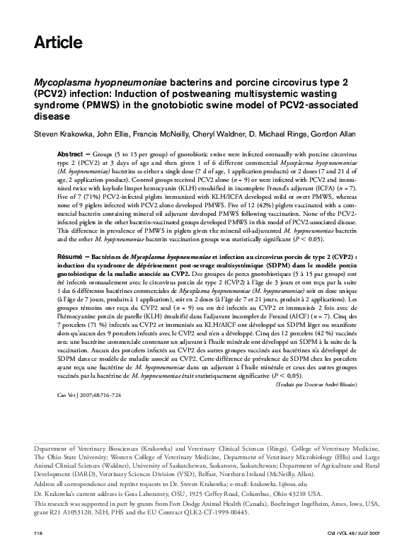 (PDF) Mycoplasma hyopneumoniae bacterins and porcine circovirus type 2 ...