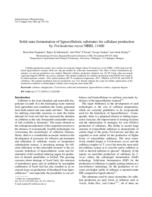Pdf Solid State Fermentation Of Lignocellulosic Substrates For Cellulase Production By