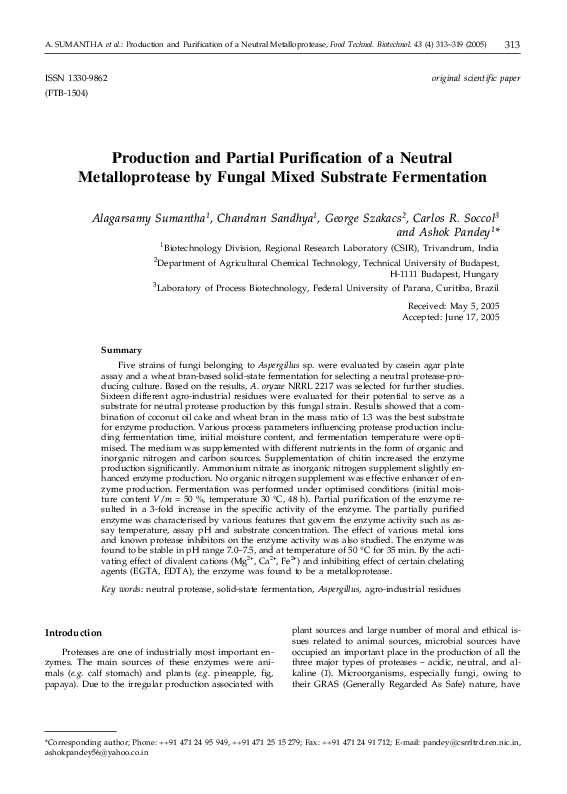 (PDF) Production and Partial Purification of a Neutral Metalloprotease by Fungal Mixed Substrate ...