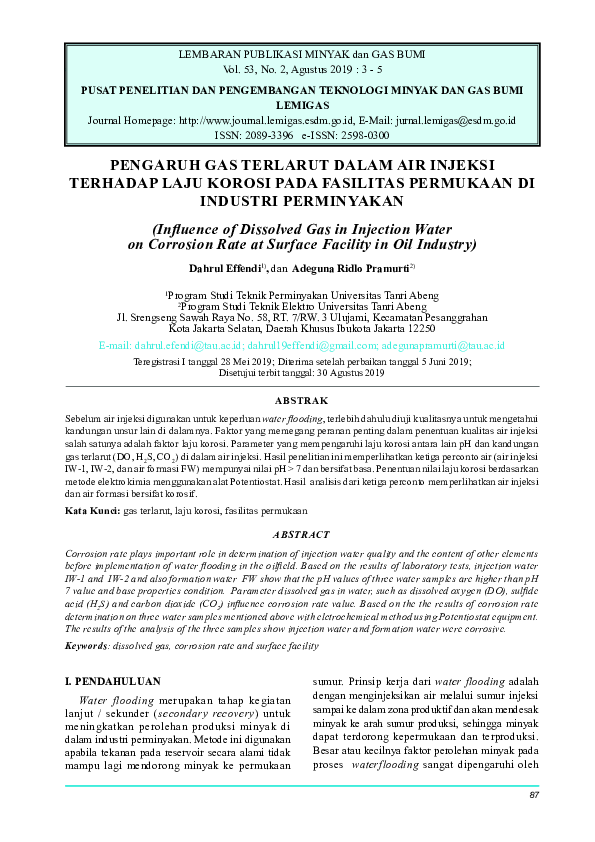 (PDF) Pengaruh Gas Terlarut Dalam Air Injeksi Terhadap Laju Korosi Pada ...