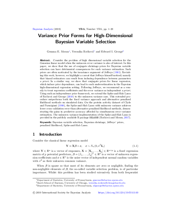 (PDF) Variance Prior Forms for High-Dimensional Bayesian Variable Selection
