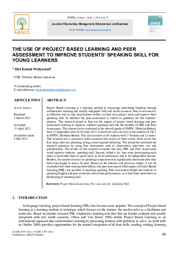 (PDF) The Use of Project Based Learning and Peer Assessment to Improve Students’ Speaking Skill ...