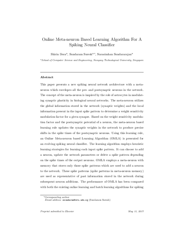 (PDF) Online Meta-neuron based Learning Algorithm for a spiking neural ...