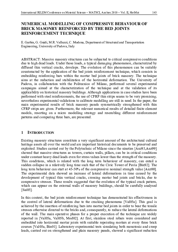 Pdf Numerical Modelling Of Compressive Behaviour Of Brick Masonry Reinforced By The Bed Joints