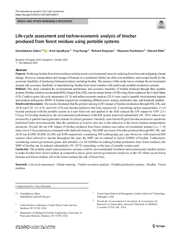(PDF) Life-cycle assessment and techno-economic analysis of biochar ...