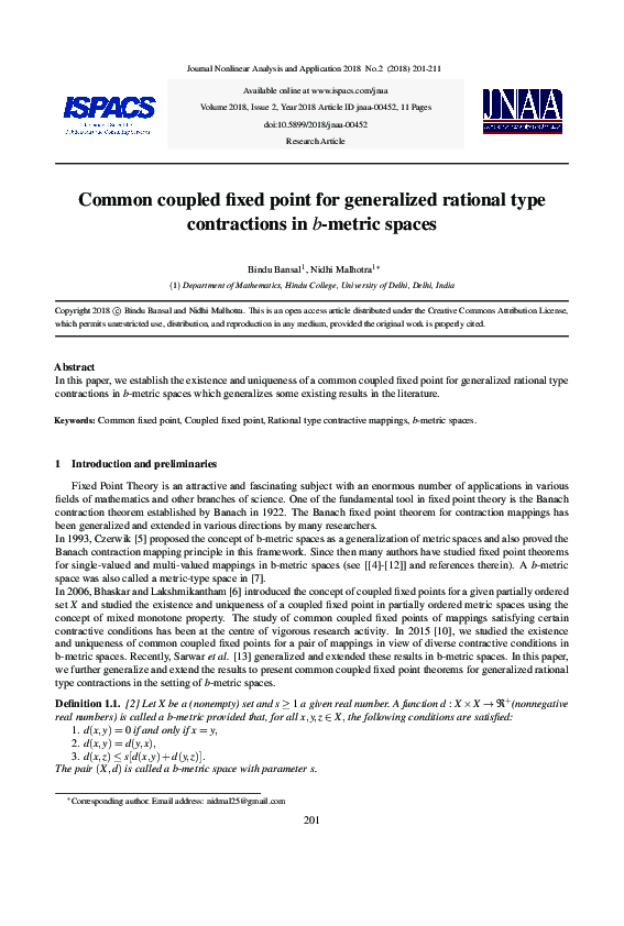 Pdf Common Coupled Fixed Point For Generalized Rational Type Contractions In B Metric Spaces