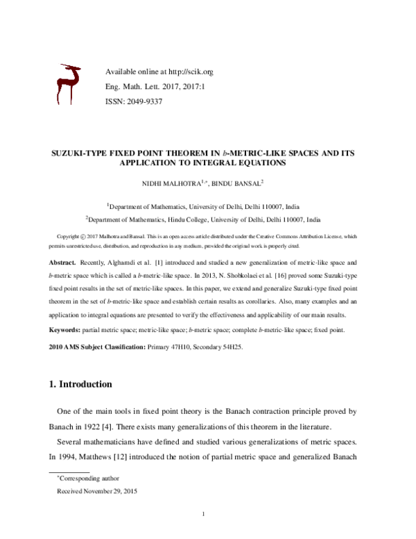 (PDF) Suzuki-type fixed point theorem in b-metric-like spaces and its application to integral ...