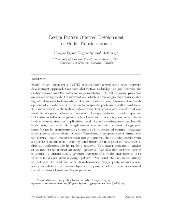 Pdf Design Pattern Oriented Development Of Model Transformations Jeff Gray