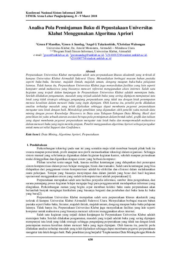 (PDF) Analisa Pola Peminjaman Buku di Pepustakaan Universitas Klabat Menggunakan Algoritma Apriori