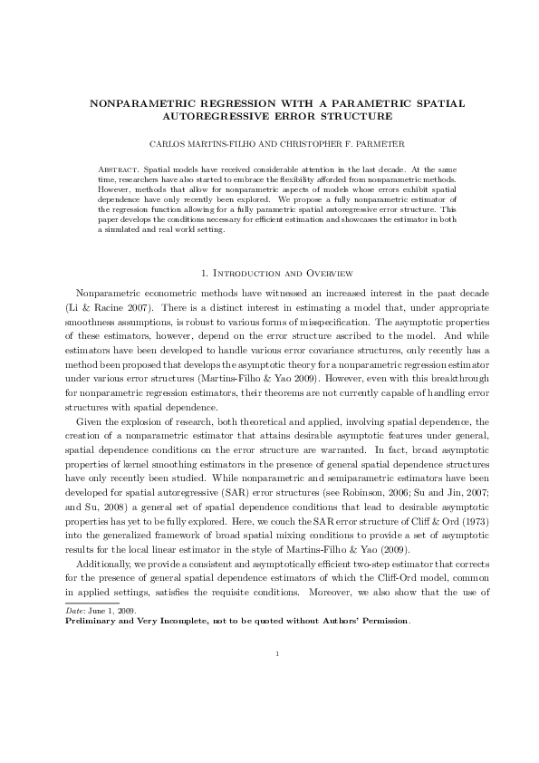 (PDF) Nonparametric Regression with a Parametric Spatial Autoregressive Error Structure
