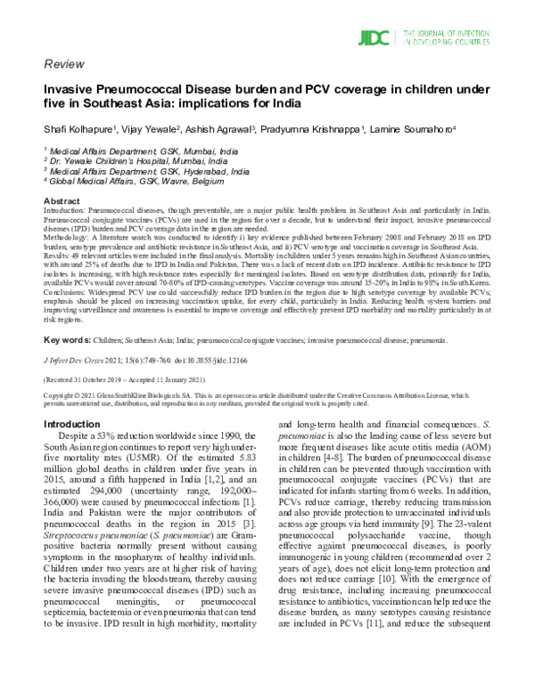 (PDF) Invasive Pneumococcal Disease burden and PCV coverage in children under five in Southeast ...