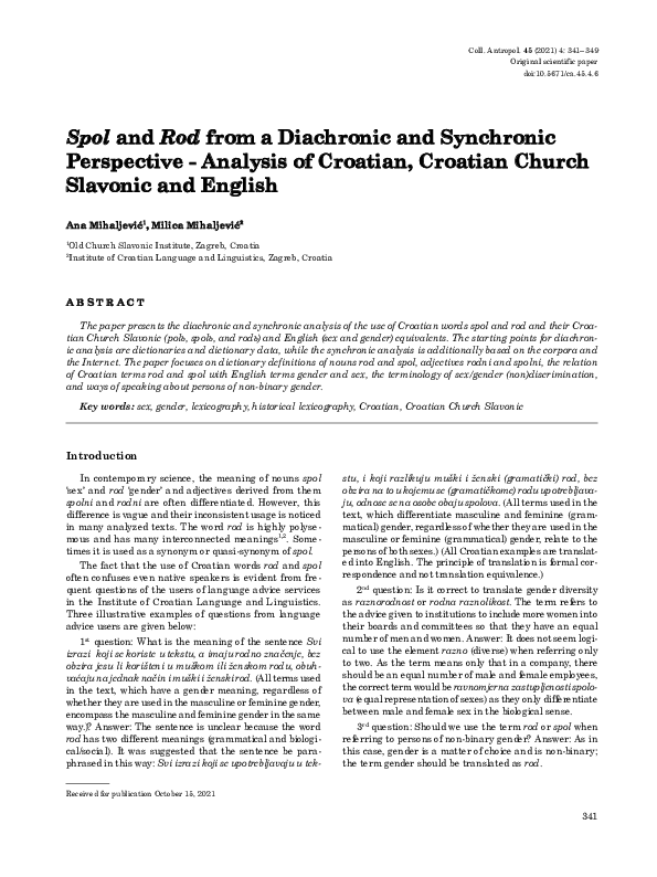 (PDF) Spol and Rod from a Diachronic and Synchronic Perspective