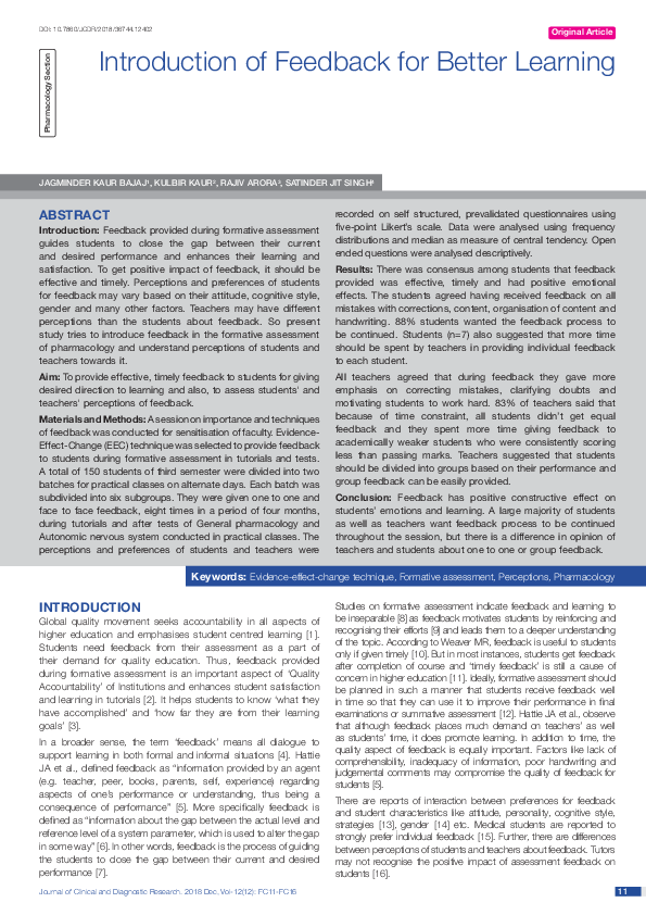 (PDF) Introduction of Feedback for Better Learning