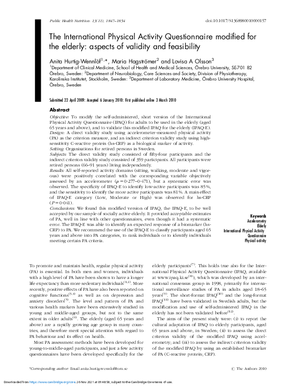 (PDF) The International Physical Activity Questionnaire modified for the elderly: aspects of ...