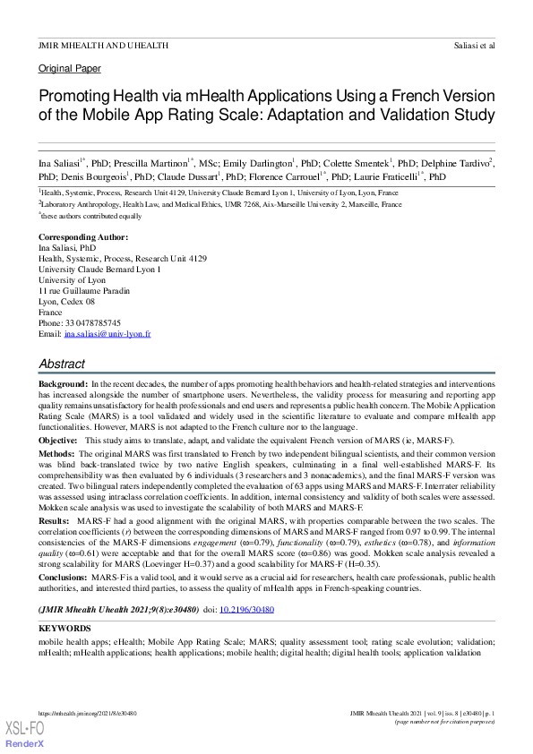 Pdf Promoting Health Via Mhealth Applications Using A French Version Of The Mobile App Rating