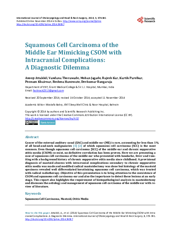 (PDF) Squamous Cell Carcinoma of the Middle Ear Mimicking CSOM with ...