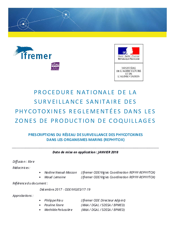 (PDF) Procédure nationale de la surveillance sanitaire des phycotoxines réglementées dans les ...