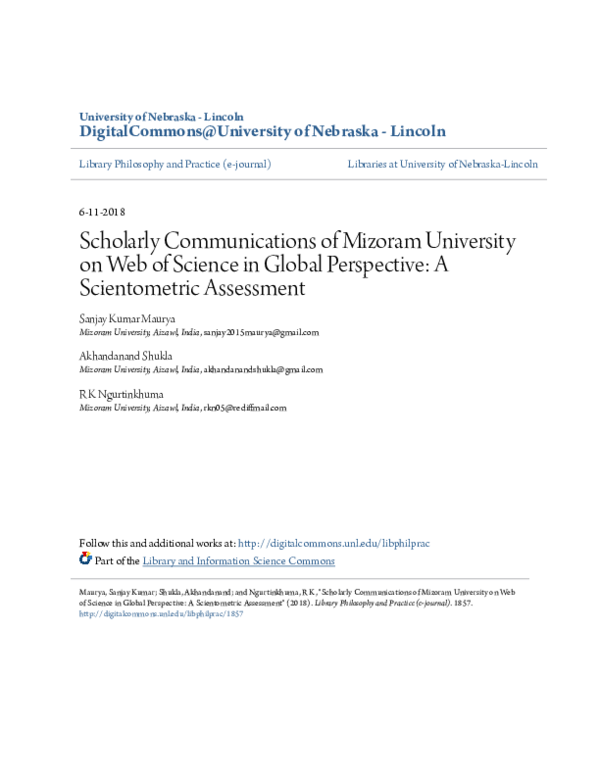 (PDF) Scholarly Communications of Mizoram University on Web of Science in Global Perspective: A ...