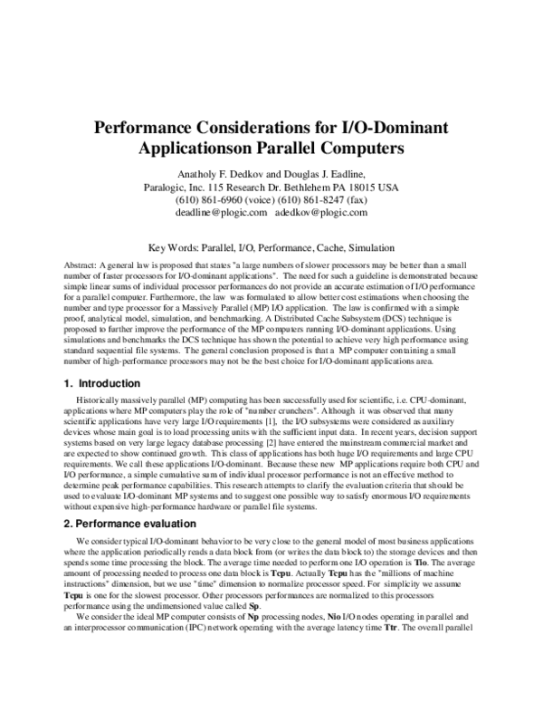 (PDF) Performance Considerations for I/O-Dominant Applicationson Parallel Computers