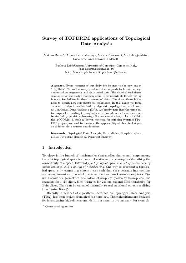 (PDF) Survey of TOPDRIM Applications of Topological Data Analysis