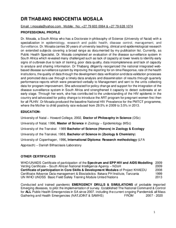 (PDF) CURRICULUM VITAE -DR THABANG INNOCENTIA MOSALA