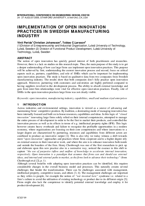 (PDF) Implementation Of Open Innovation Practices In Swedish ...