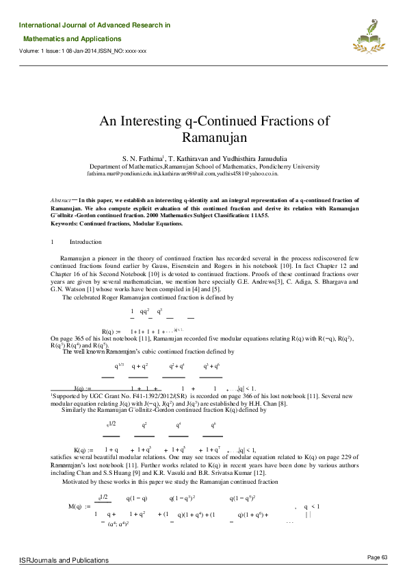 (PDF) An Interesting Q-Continued Fractions of Ramanujan