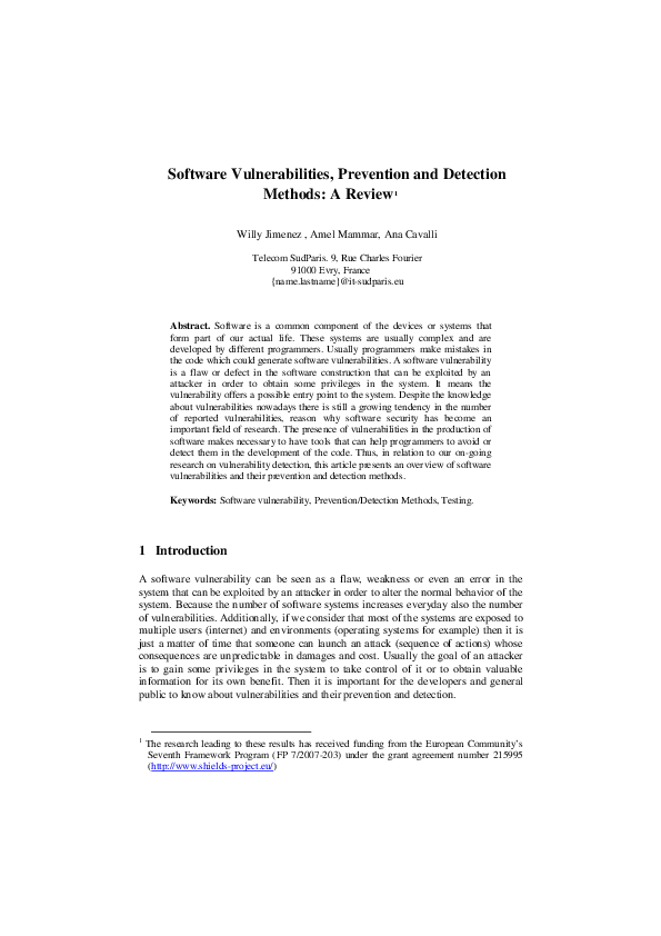 Pdf Software Vulnerabilities Prevention And Detection Methods A Review
