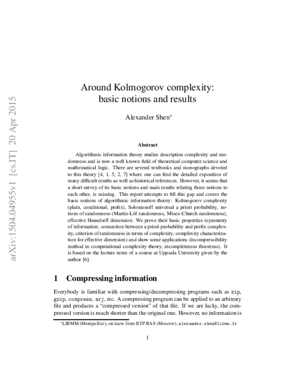 (PDF) Around Kolmogorov Complexity: Basic Notions and Results | alexander shen - Academia.edu