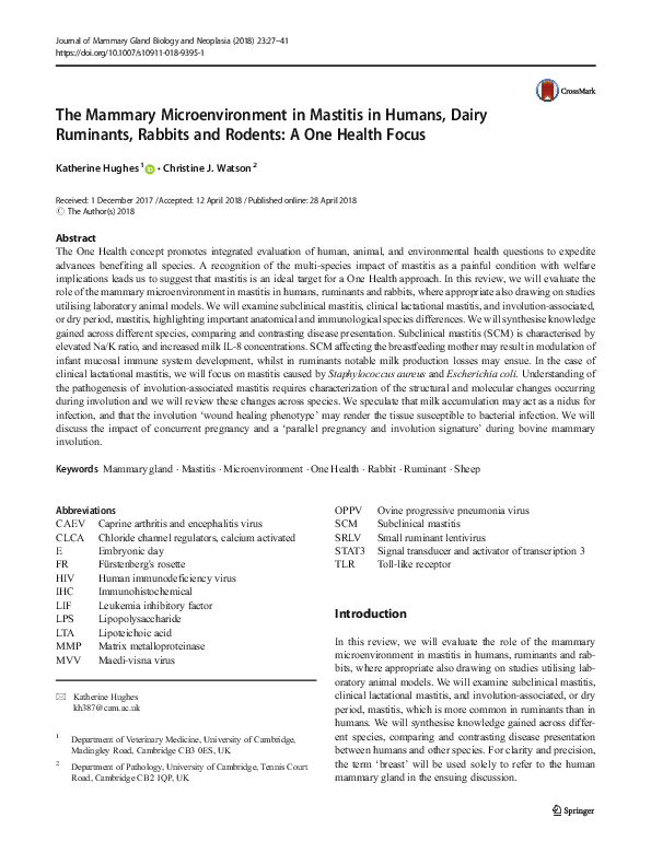 (PDF) The Mammary Microenvironment in Mastitis in Humans, Dairy ...