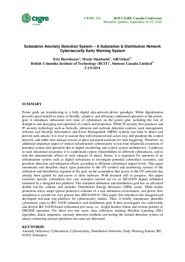 Pdf Substation Anomaly Detection System A Substation And Distribution Network Cybersecurity