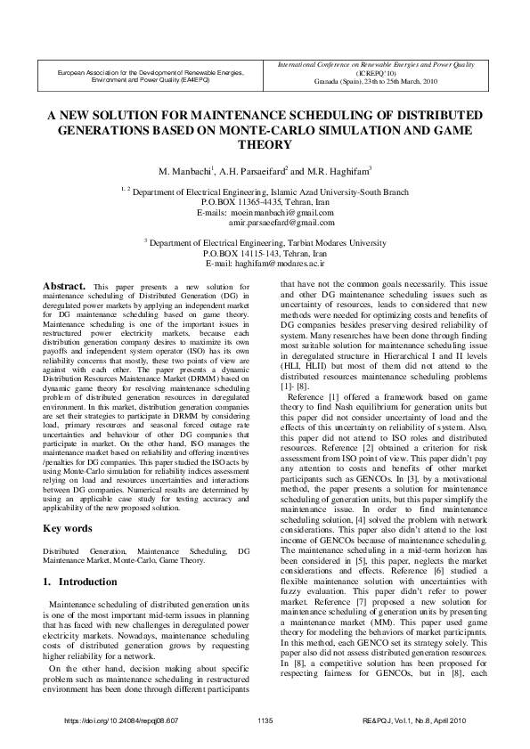 Pdf A New Solution For Maintenance Scheduling Of Distributed Generations Based On Monte Carlo 