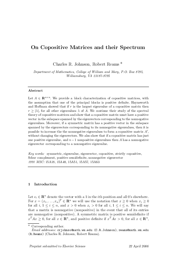 (PDF) Characterization and Spectrum of Copositive Matrices