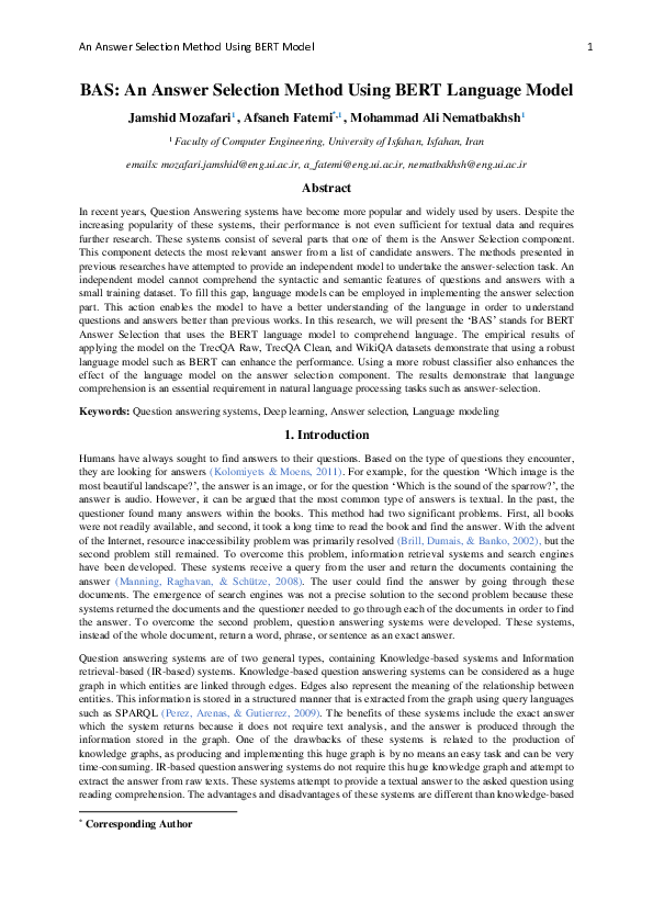 (PDF) BAS: An Answer Selection Method Using BERT Language Model