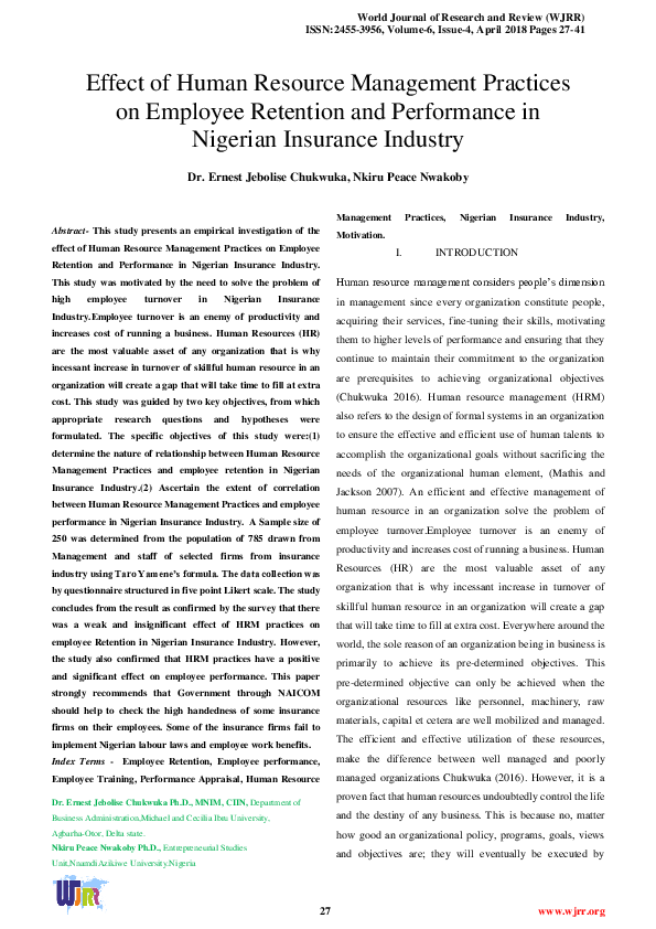 Pdf Effect Of Human Resource Management Practices On Employee Retention And Performance In