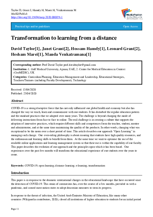 (PDF) Transformation to learning from a distance
