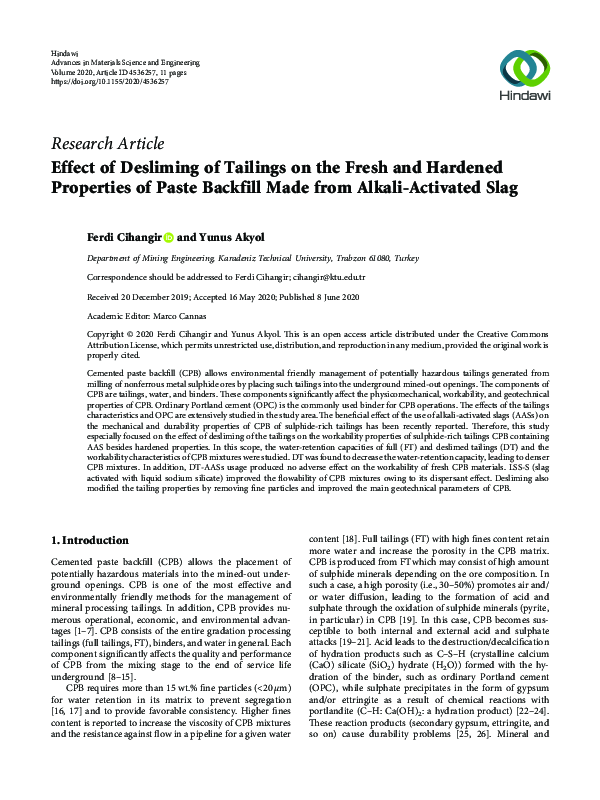 (PDF) Effect of Desliming of Tailings on the Fresh and Hardened ...