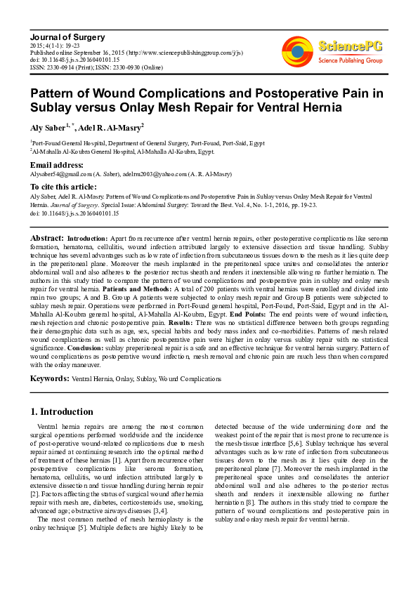 (PDF) Pattern of Wound Complications and Postoperative Pain in Sublay ...
