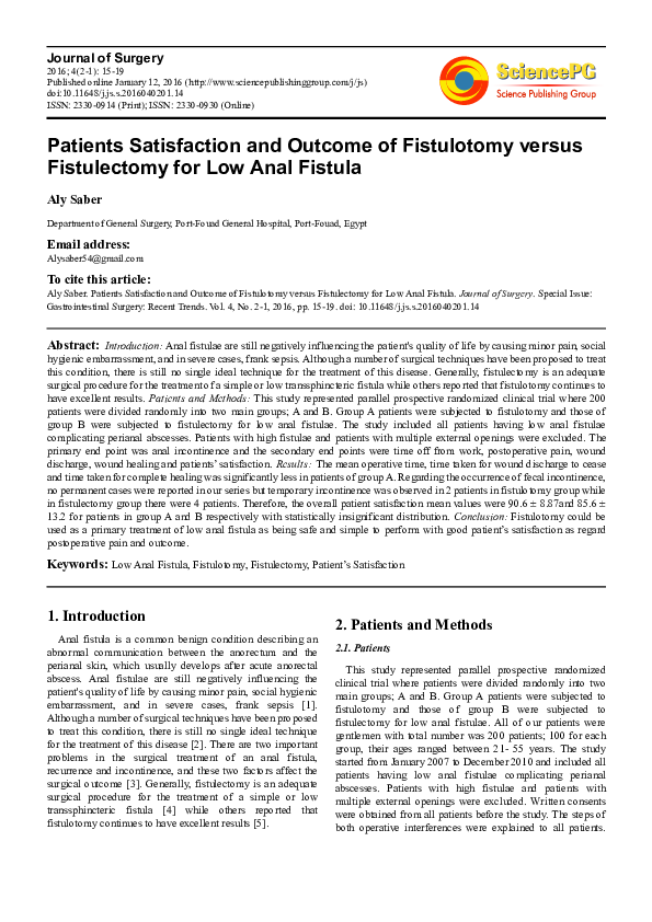 (PDF) Patients Satisfaction and Outcome of Fistulotomy Versus ...
