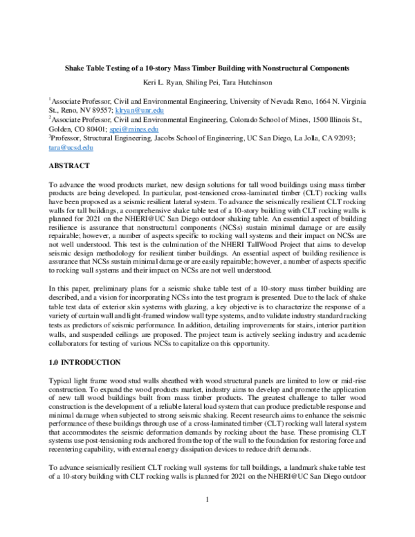 (PDF) Shake Table Testing of a 10-story Mass Timber Building with ...