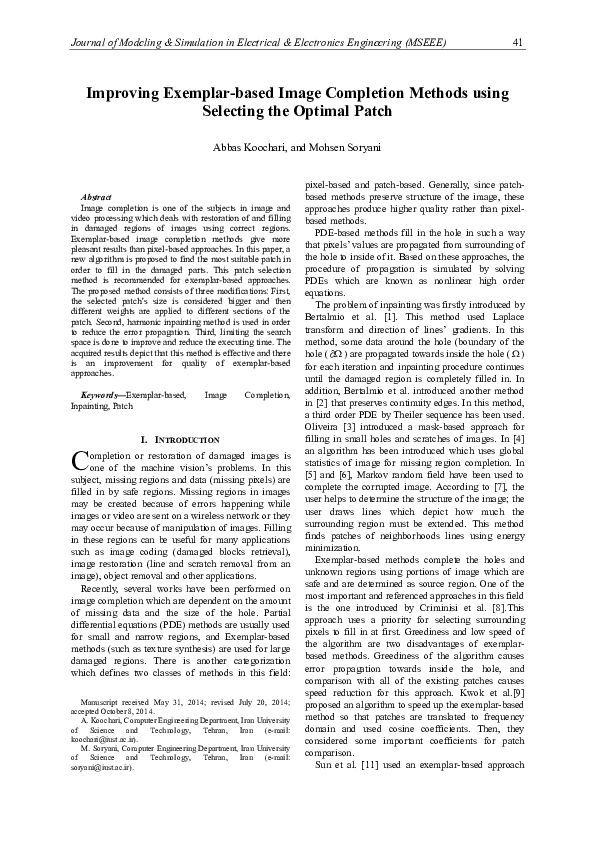(PDF) Improving Exemplar-based Image Completion methods using Selecting the Optimal Patch