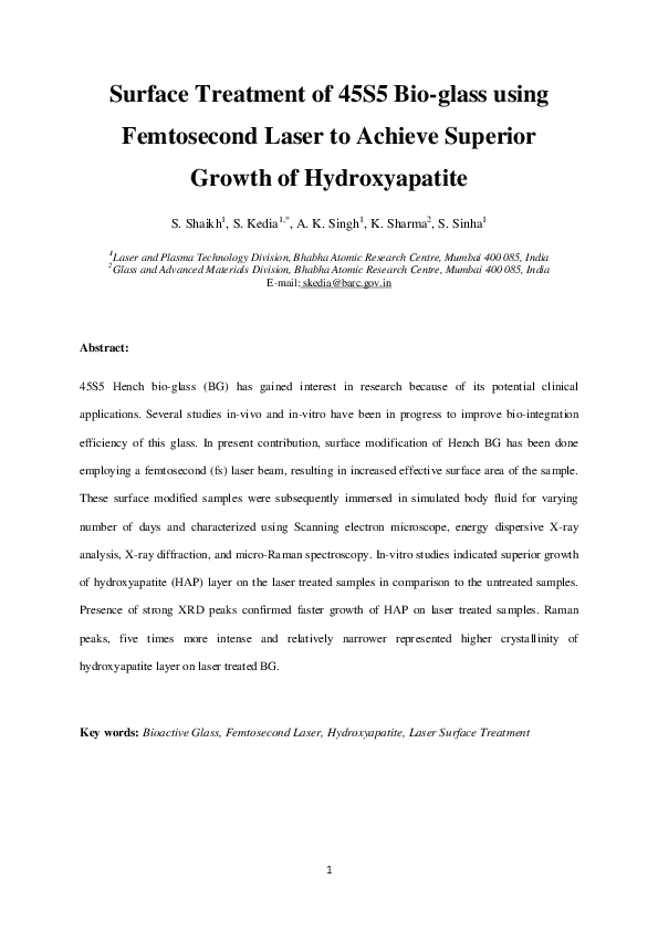 (PDF) Surface treatment of 45S5 Bioglass using femtosecond laser to ...