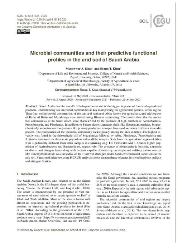 (PDF) Microbial communities and their predictive functional profiles in the arid soil of Saudi ...