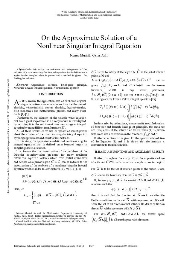 Pdf On The Approximate Solution Of A Nonlinear Singular Integral Equation Cemal Ardil